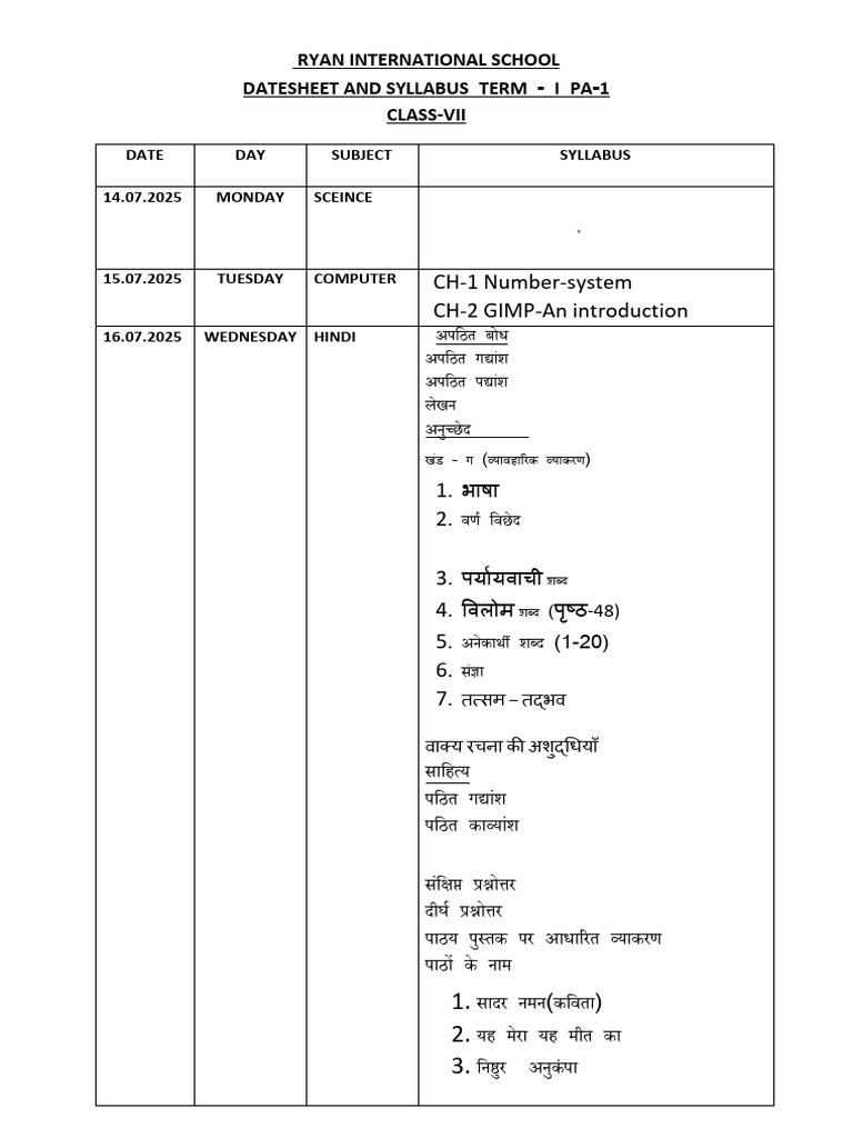 Class 7 Syllabus Pa 1 | PDF
