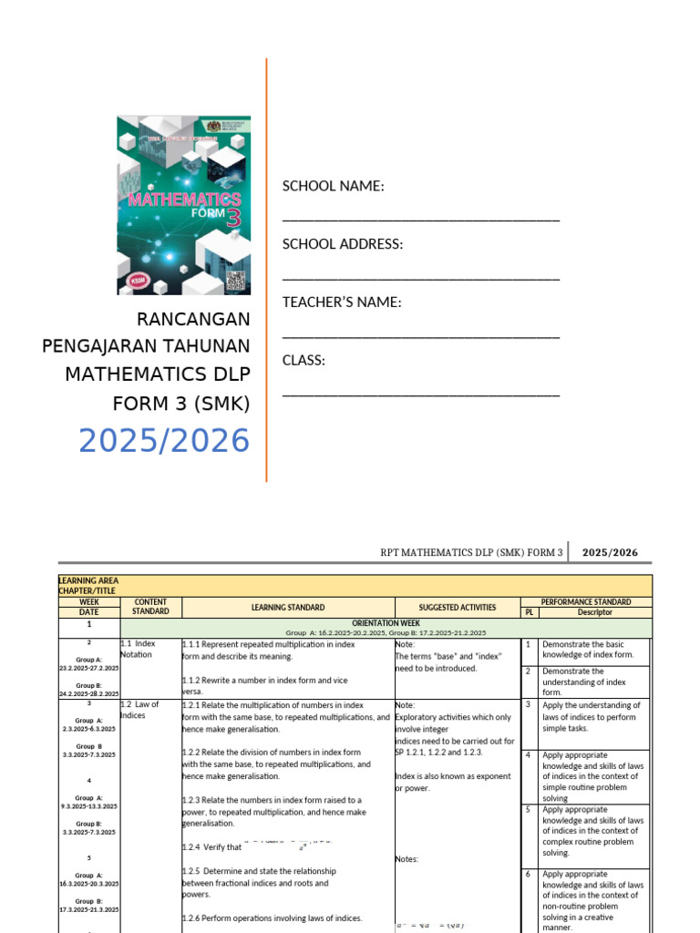 RPT Math DLP Form 3 2025-2026 by Rozayus Academy# | PDF | Trigonometric ...