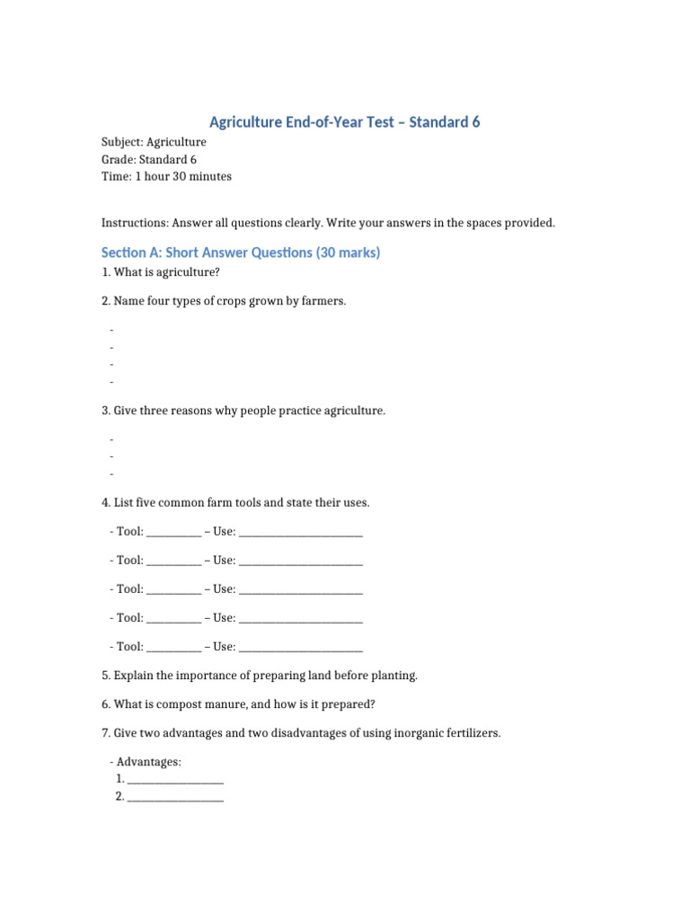 Agriculture End of Year Test Std6 | PDF