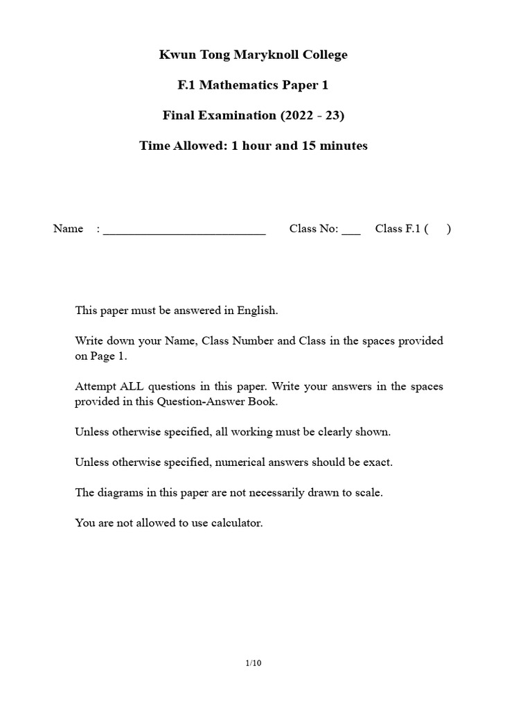 2022-23 F1 Final Exam Paper 1 | PDF | Mathematics