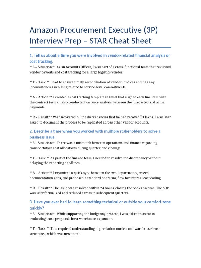 Amazon 3P Procurement Interview CheatSheet | PDF | Audit | Business