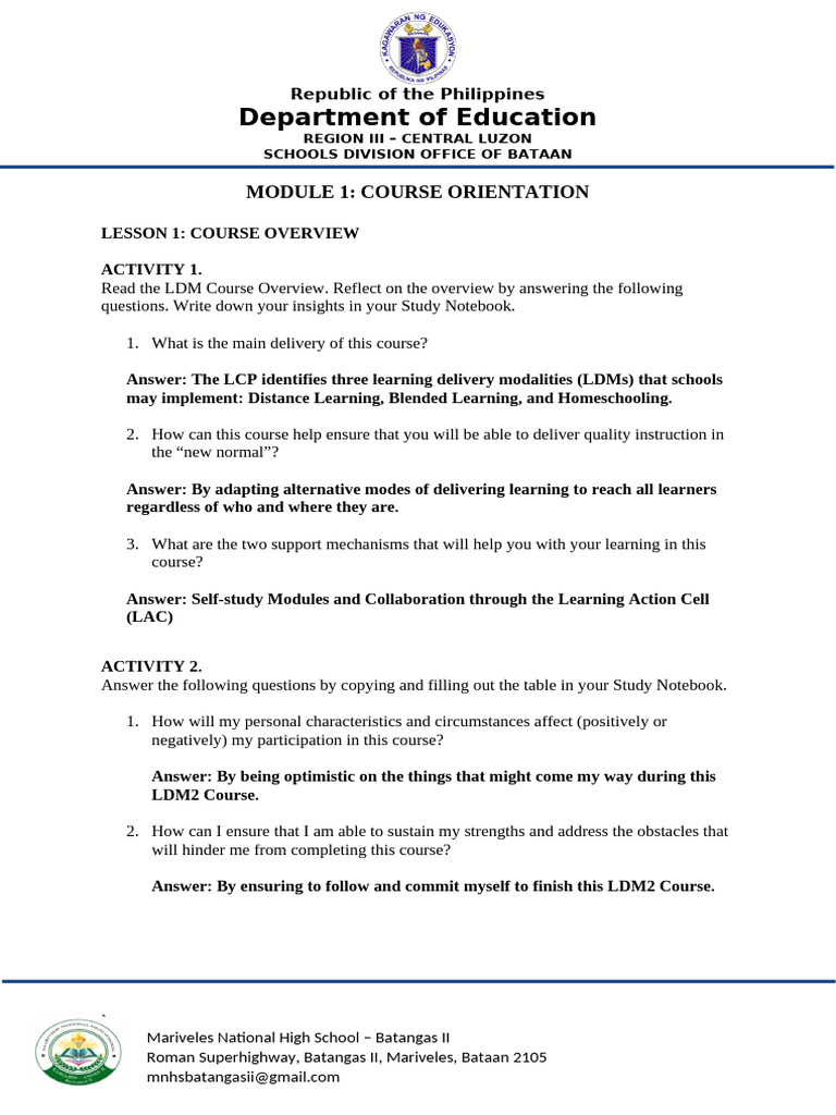 LDM2-Modules-1-5 ANSWER FILIPINO | PDF | Learning | Teachers