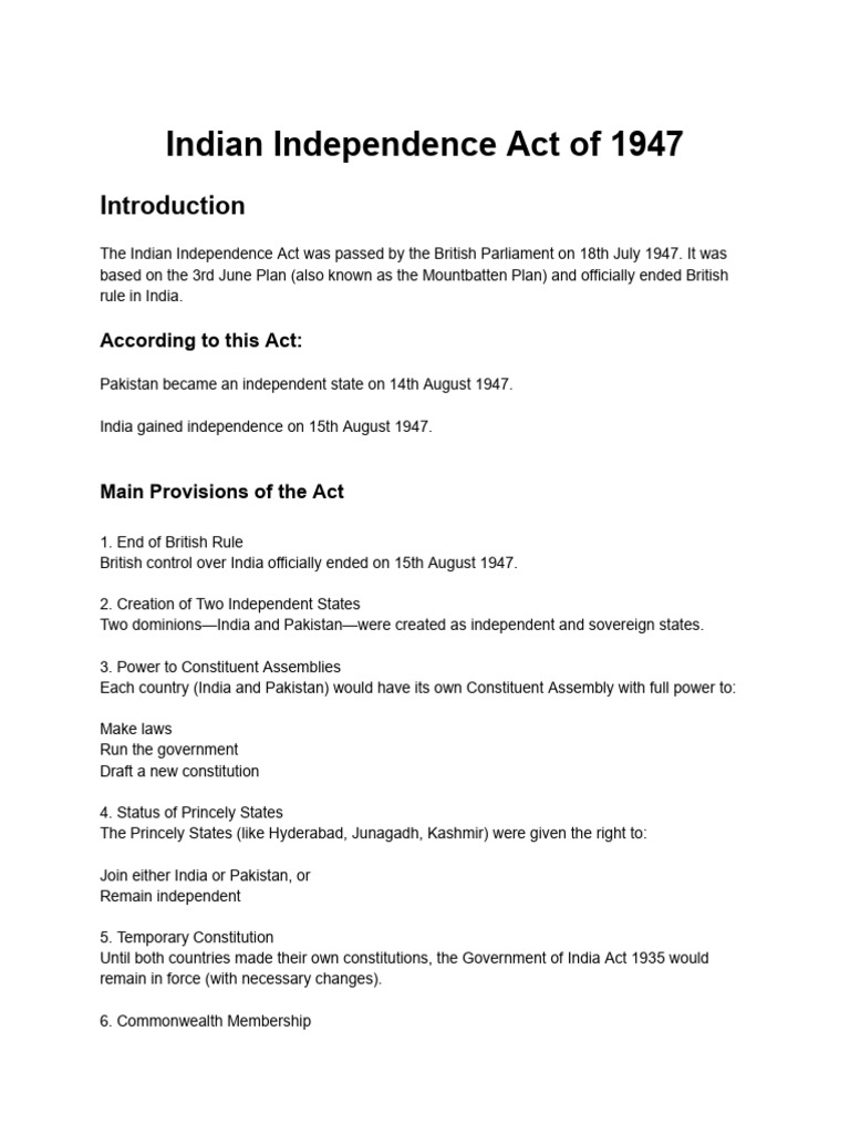 Indian Independence Act of 1947 | PDF