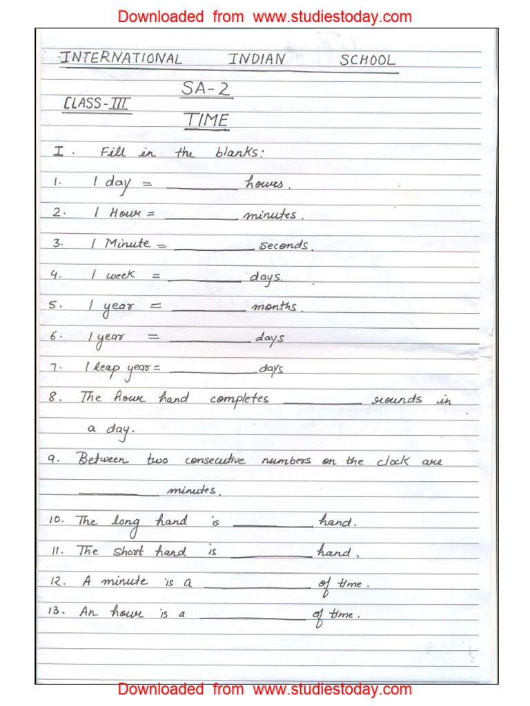 CBSE Class 3 Mathematics Worksheet 53 Time | PDF