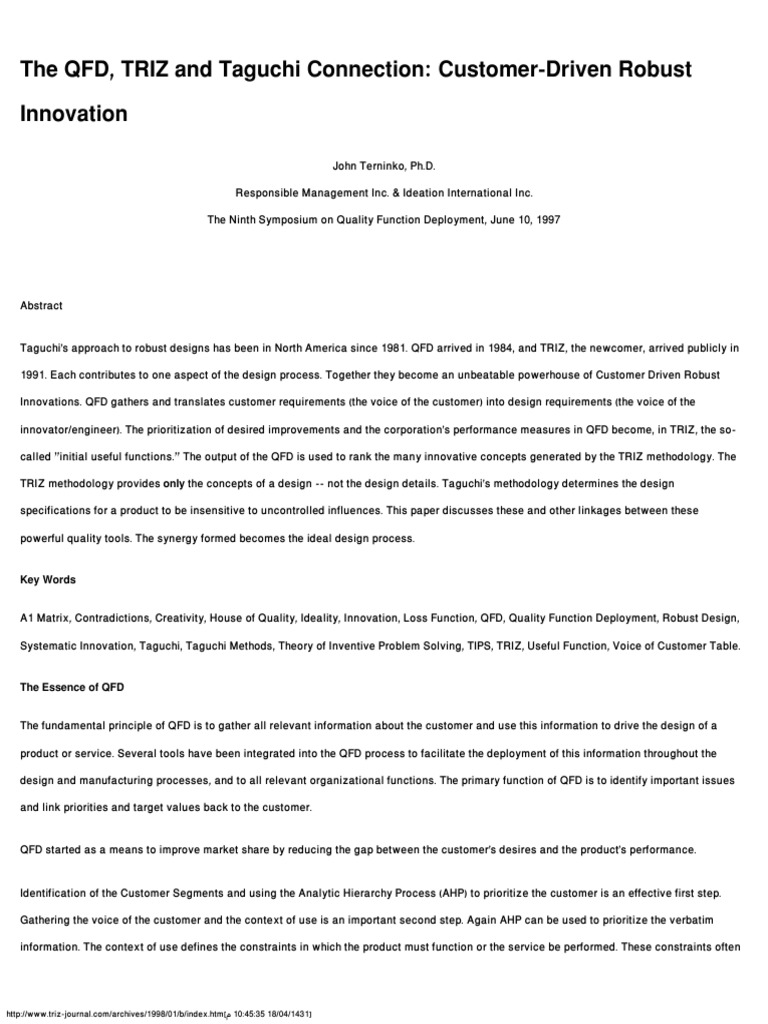 The QFD, TRIZ and Taguchi Connection | PDF | Engineering Tolerance | Signal To Noise Ratio