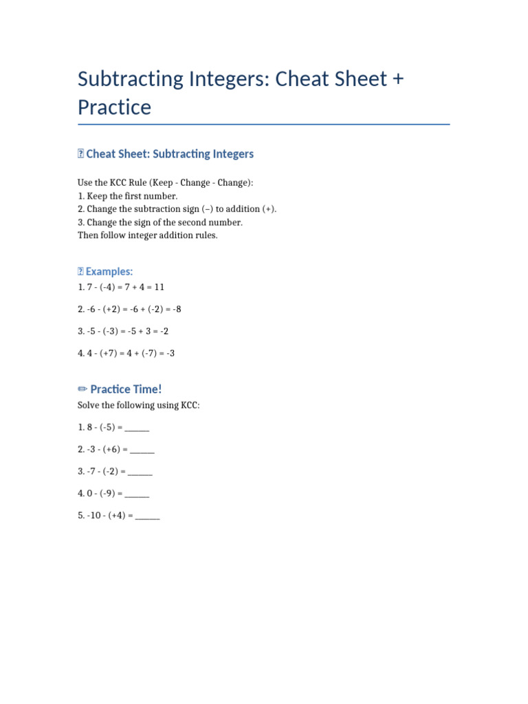 Subtracting Integers Cheat Sheet and Practice | PDF