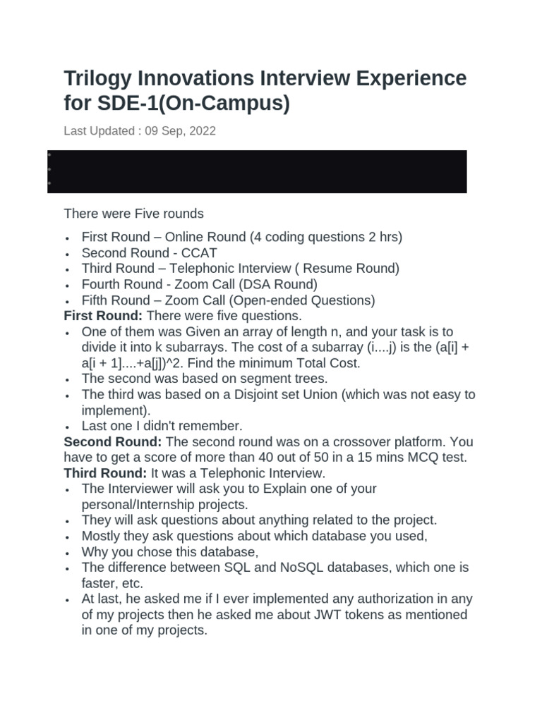 Trilogy Innovations Interview Experience For SDE | PDF | Information Science | Information ...