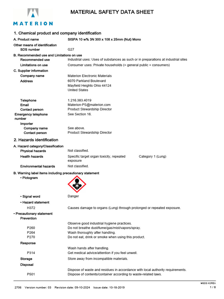 g27 - Sispa 10 W% 3n 300 X 108 X 25mm (Nut) Mono - Msds-Korea - English ...