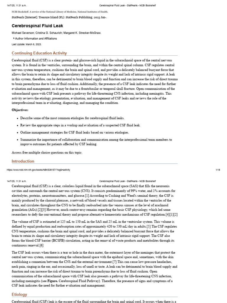 Cerebrospinal Fluid Leak - StatPearls - NCBI Bookshelf | PDF ...