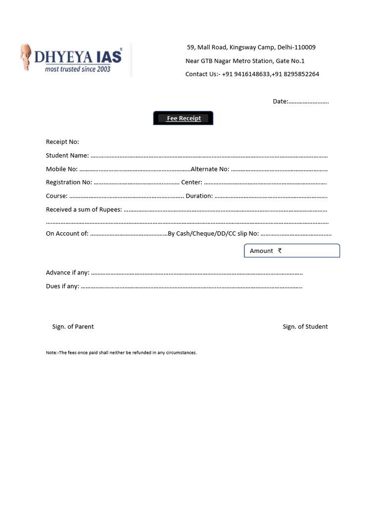 Tuition Fee Receipt Template | PDF