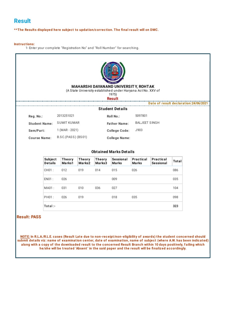 Ug BSC Marksheet All Sem | PDF