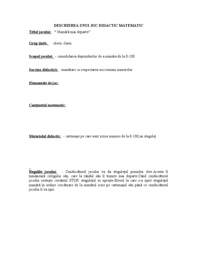 Descrierea Unui Joc Didactic Matematic | PDF