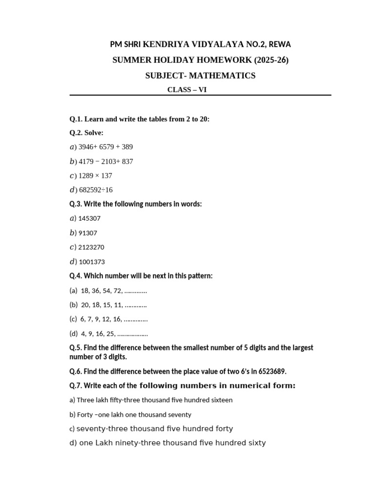 6th Summer Vacation Homework Pdf