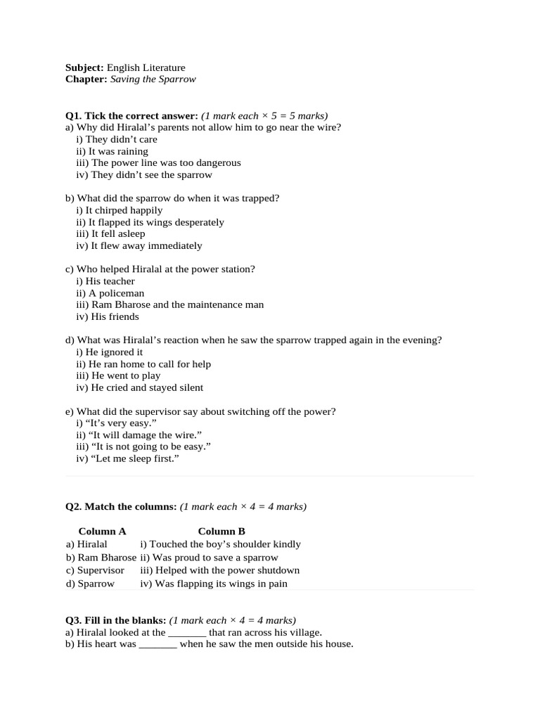 Saving the Sparrow: Class 4 Worksheet | PDF