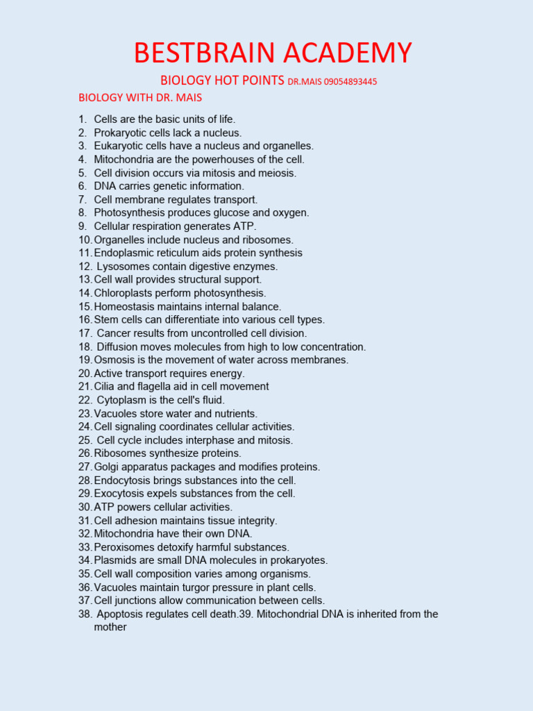 85 Biology Hot Points Bestbrain Academy | PDF | Cell (Biology ...