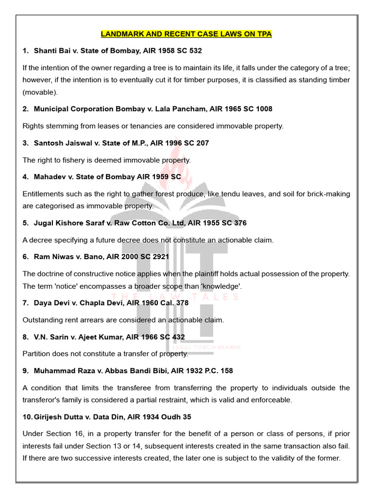 Landmark TPA Case Laws Overview | PDF | Lease | Civil Law (Legal System)