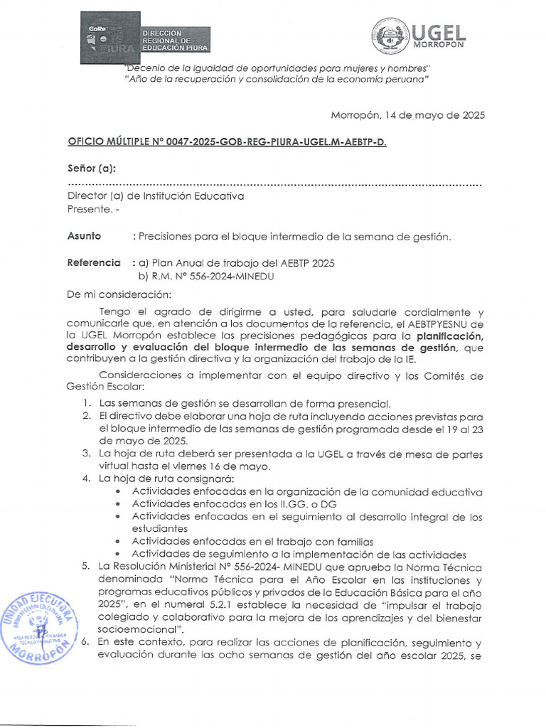 Oficio Multiple N 0047 2025 Gob Reg Piura Ugel M Aebtp D | PDF
