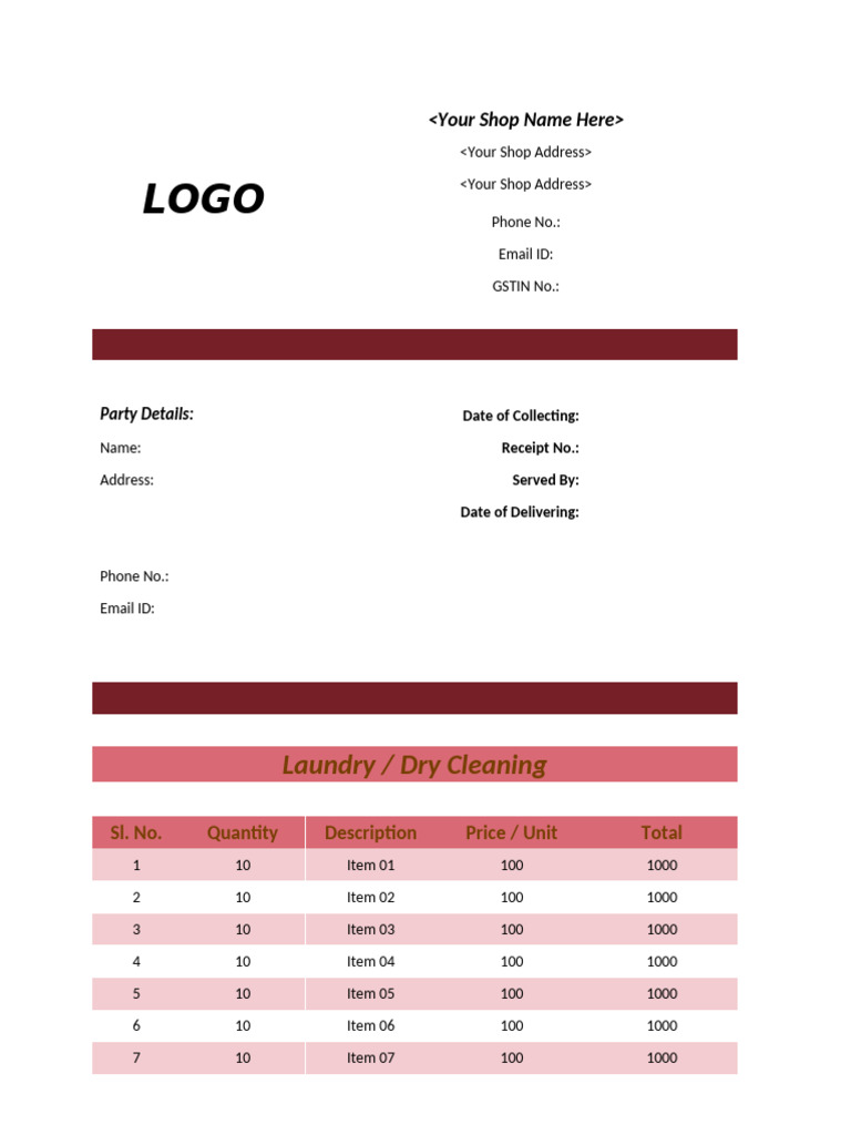 Laundry Bill Format 04 | PDF