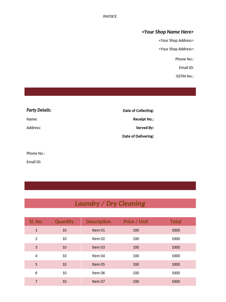 Laundry Bill Format 04 | PDF