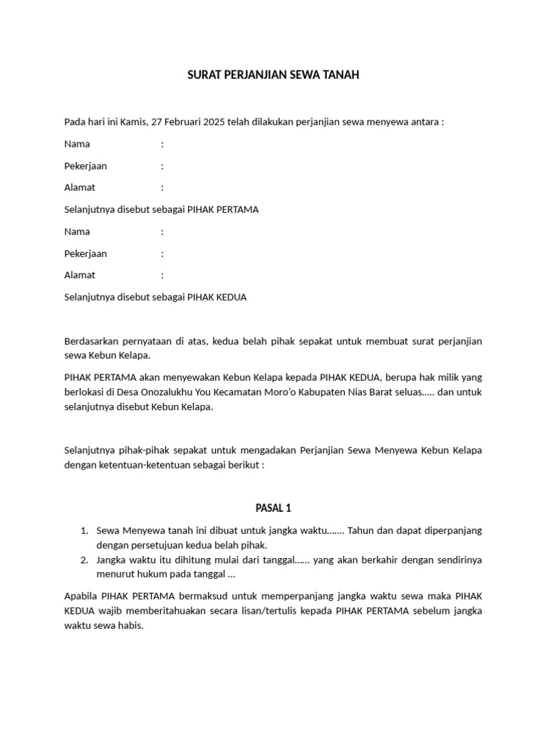 Perjanjian Sewa Kebun Kelapa Nias | PDF