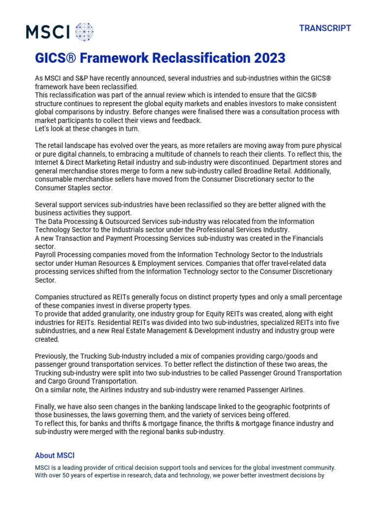 GICS® Framework Reclassification 2023 - Transcript | PDF | Msci | Investing