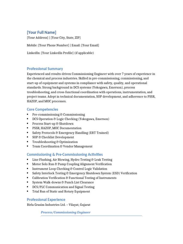 Commissioning Engineer Resume | PDF | Verification And Validation