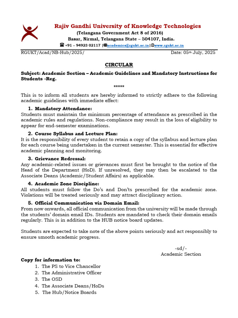 Circular On Academic Guidelines and Mandatory Instructions For Students | PDF