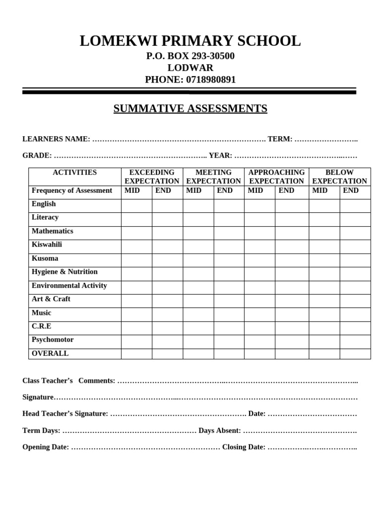 Lomekwi Primary Report Cards | PDF