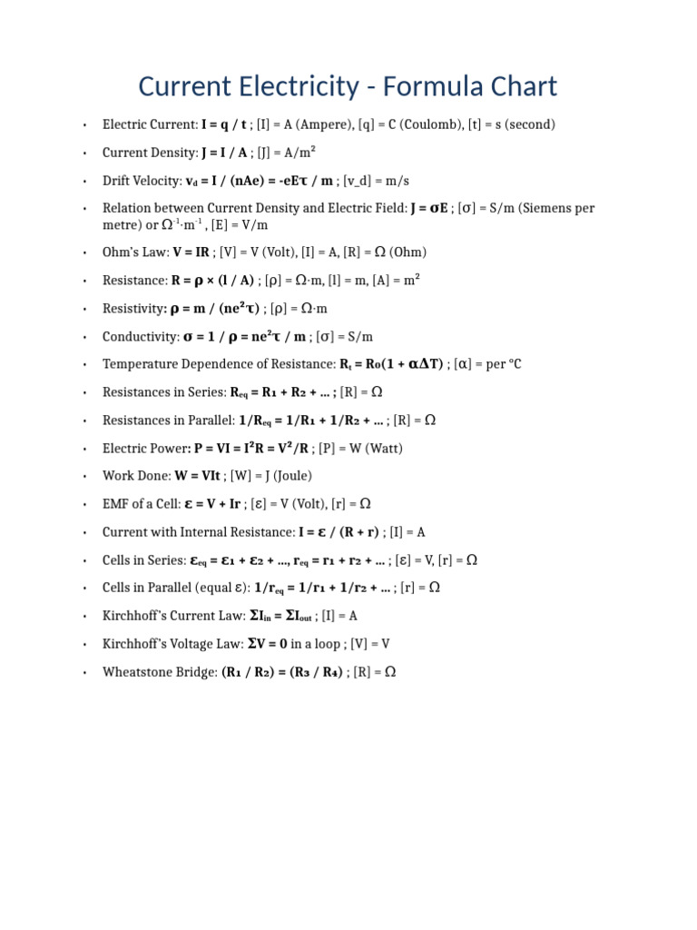 Current Electricity Formula Chart | PDF