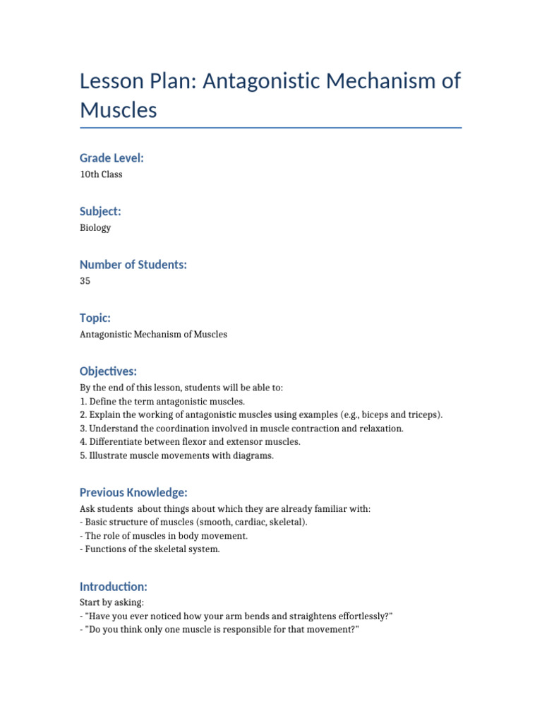 Antagonistic Muscles Lesson Plan | PDF | Muscle | Arm