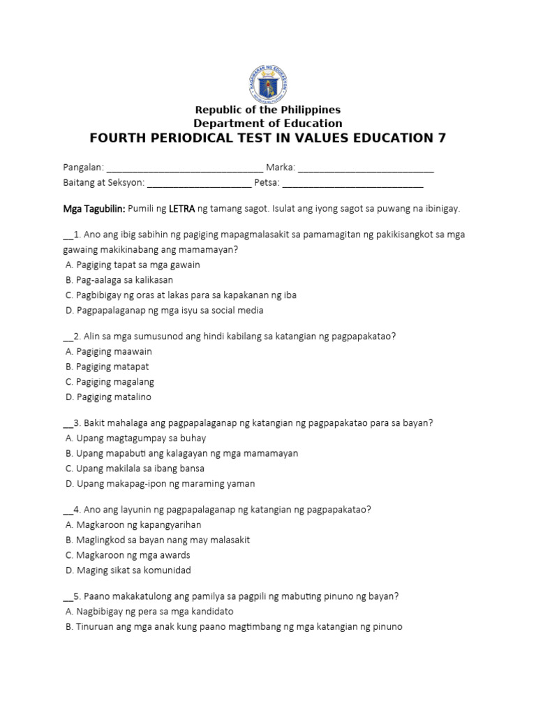 Fourth Periodical Test in Values Education 7 | PDF