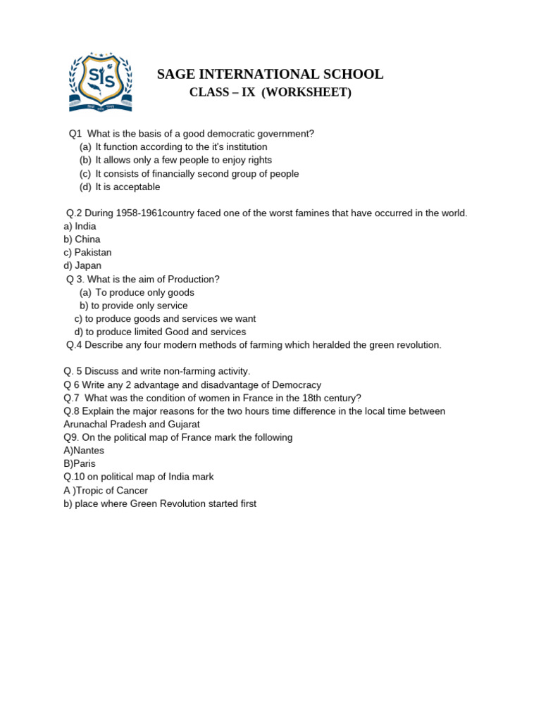 Class 9 Worksheet. Geography - 1 | PDF