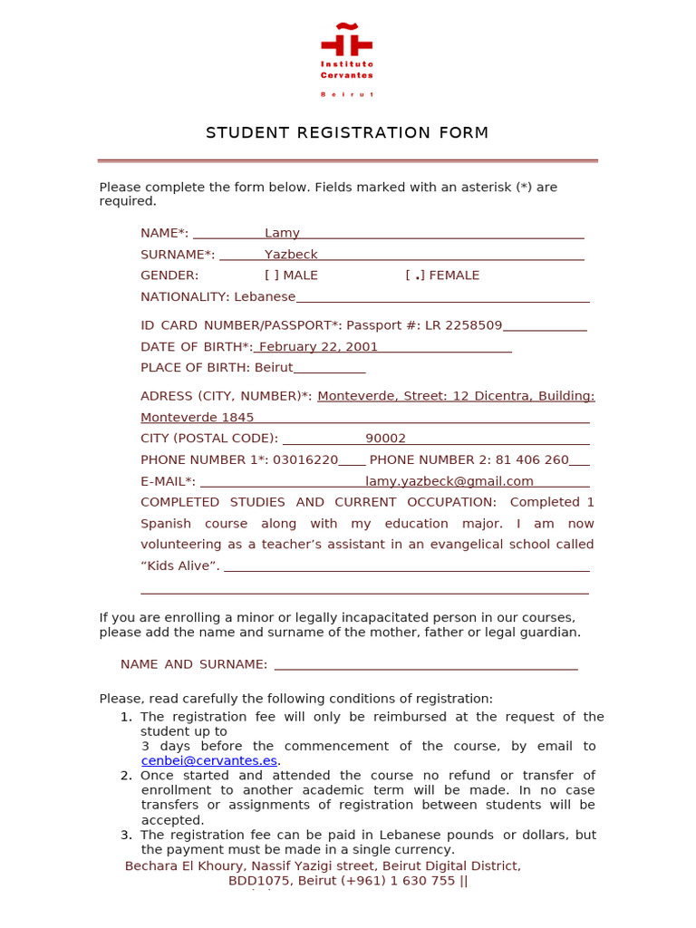 Students Registration Form English Beirut 2025 | PDF
