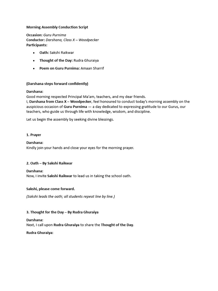 Morning Assembly Conduction Script | PDF