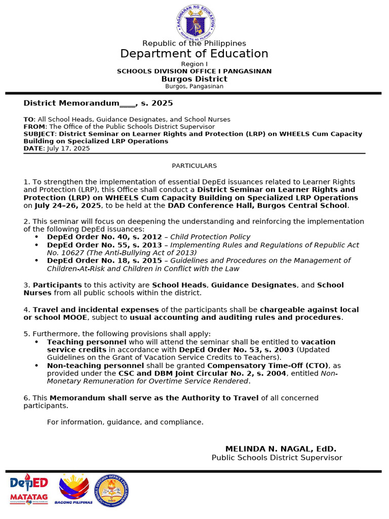 District Memo On District Seminar On Learner Rights and Protection (LRP ...