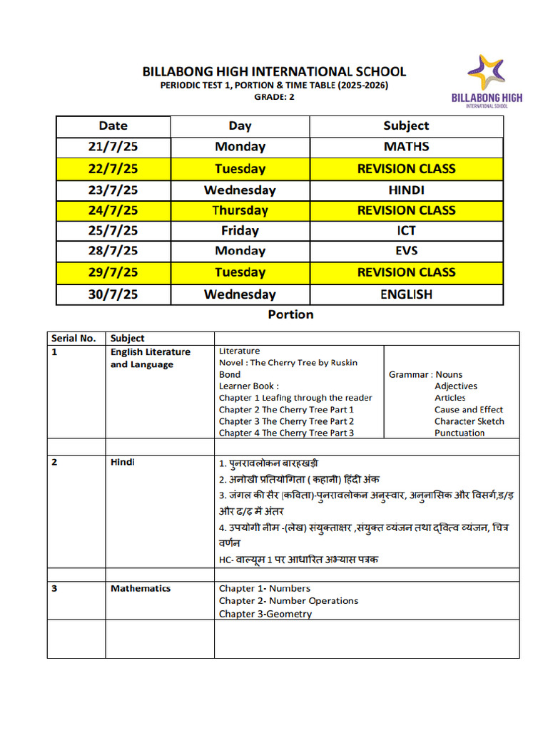 GRADE 2 Time Table and Portion | PDF