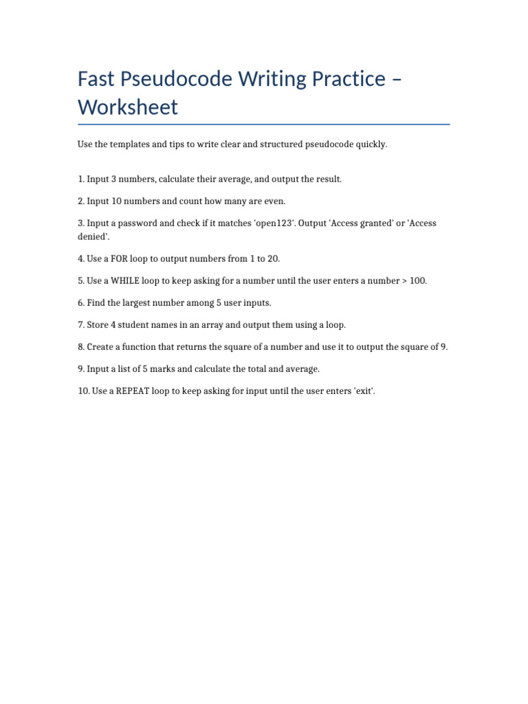 Fast Pseudocode Writing Practice Worksheet | PDF