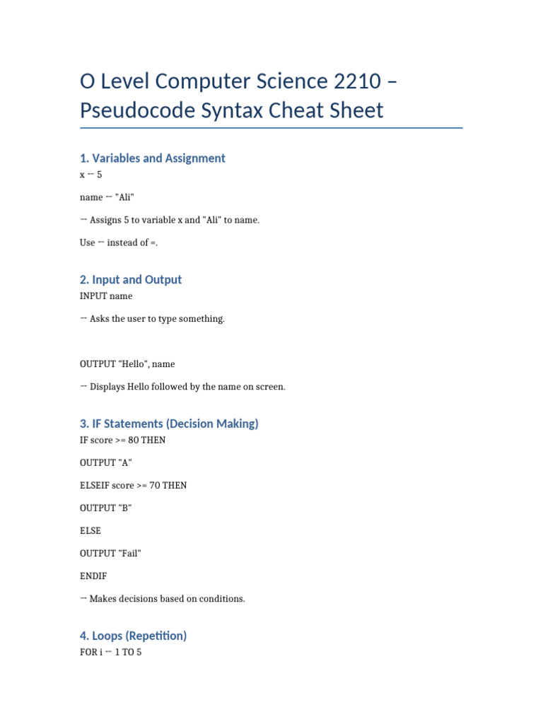 Pseudocode Syntax Cheat Sheet | PDF