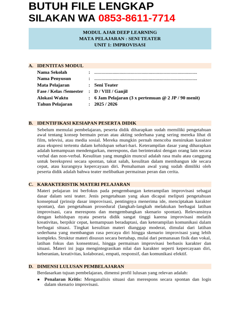 Modul Ajar Improvisasi Seni Teater Kelas 8 | PDF