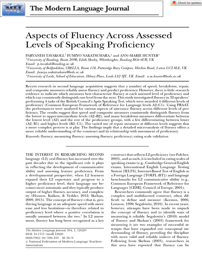 The Modern Language Journal - 2020 - TAVAKOLI - Aspects of Fluency Across Assessed Levels of ...