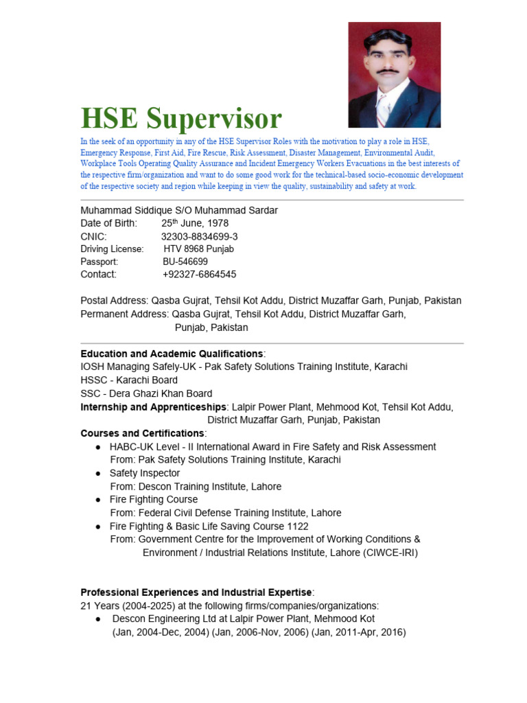 HSE Supervisor's Resume-CV Final | PDF | Safety