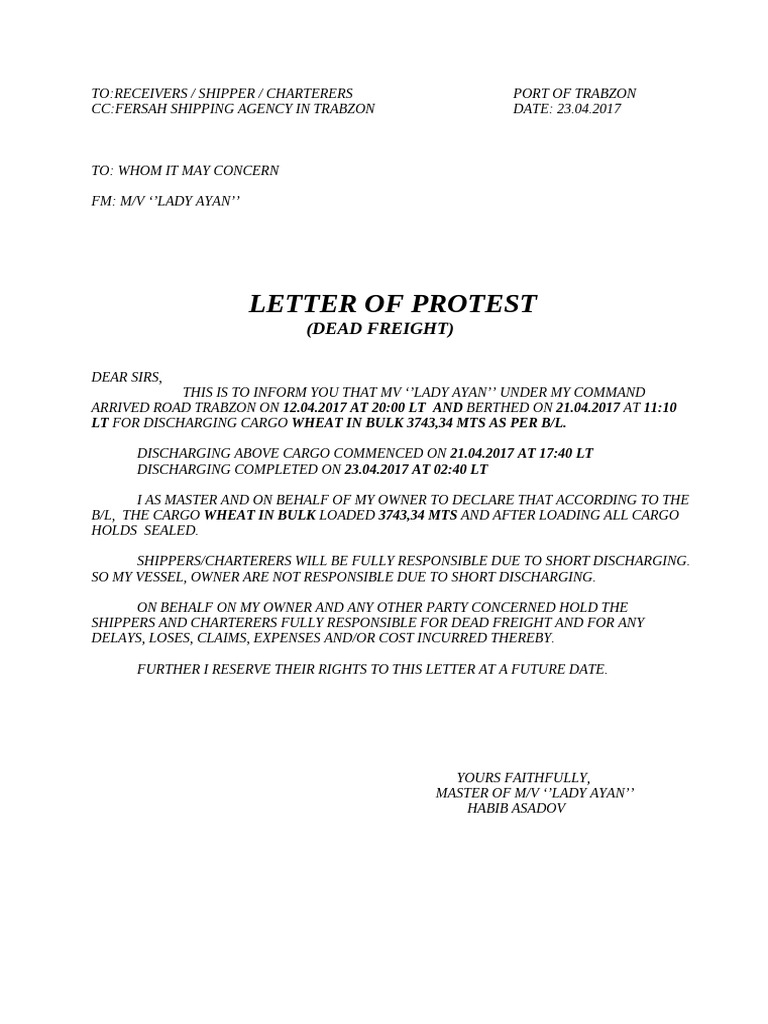 23.04.2017 Letter of Protest Trabzon Dead Freight | PDF