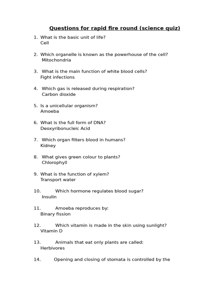 Science Rapid Fire Quiz Questions | PDF