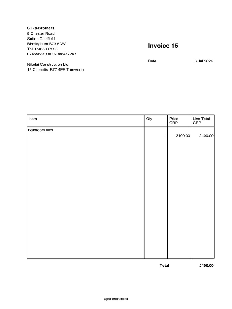 Gjika-Brothers Invoice for Bathroom Tiles | PDF