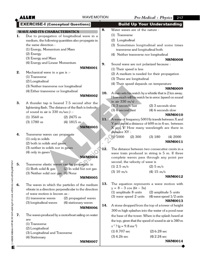 Phy - Nurture - 03 - (Wave Motion & Doppler's Effect) (Ex) E | PDF | Waves | Sound