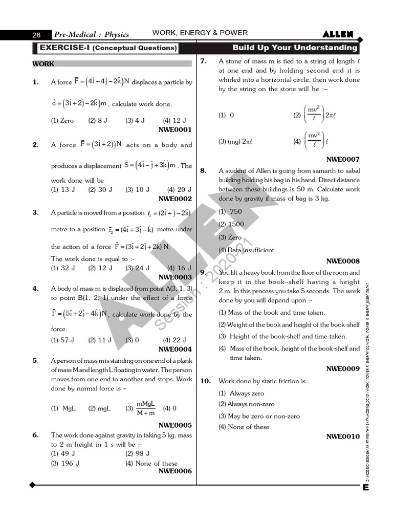 Phy Nurture Ch. 01-Work, Energy&Power (Ex) E | PDF | Force | Mass