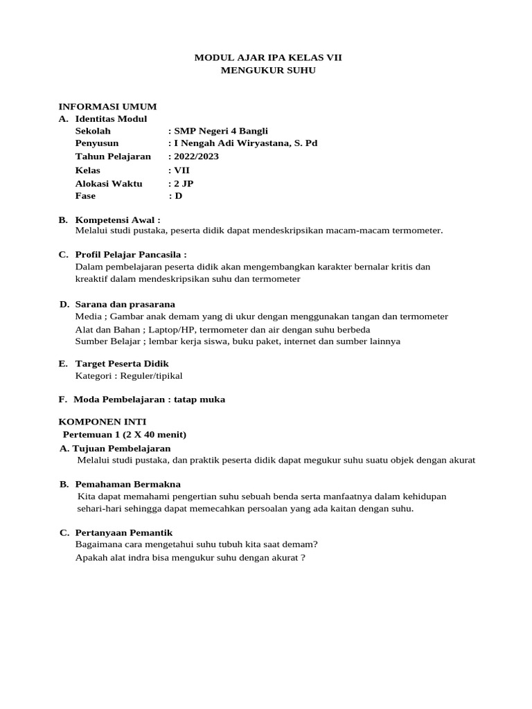 Modul Ajar Ipa Kelas Vii Mengukur Suhu | PDF