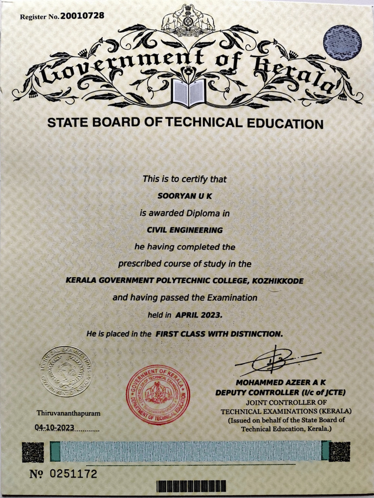 Kerala Polytechnic Civil Diploma Certificate | PDF | Qualifications ...
