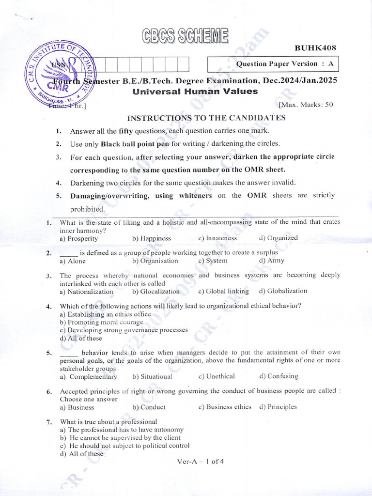 VTU Question Paper of BUHK408 Universal Human Values Course Dec-2024 ...