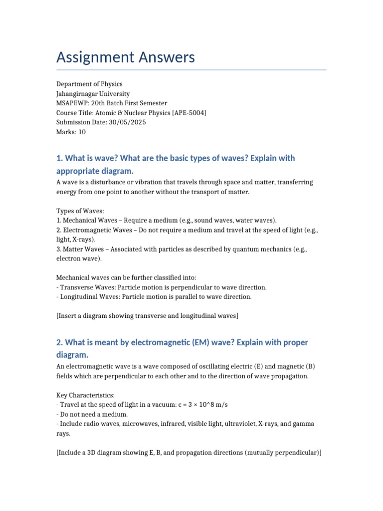 Atomic and Nuclear Physics Assignment | PDF | Waves | Electromagnetic Radiation